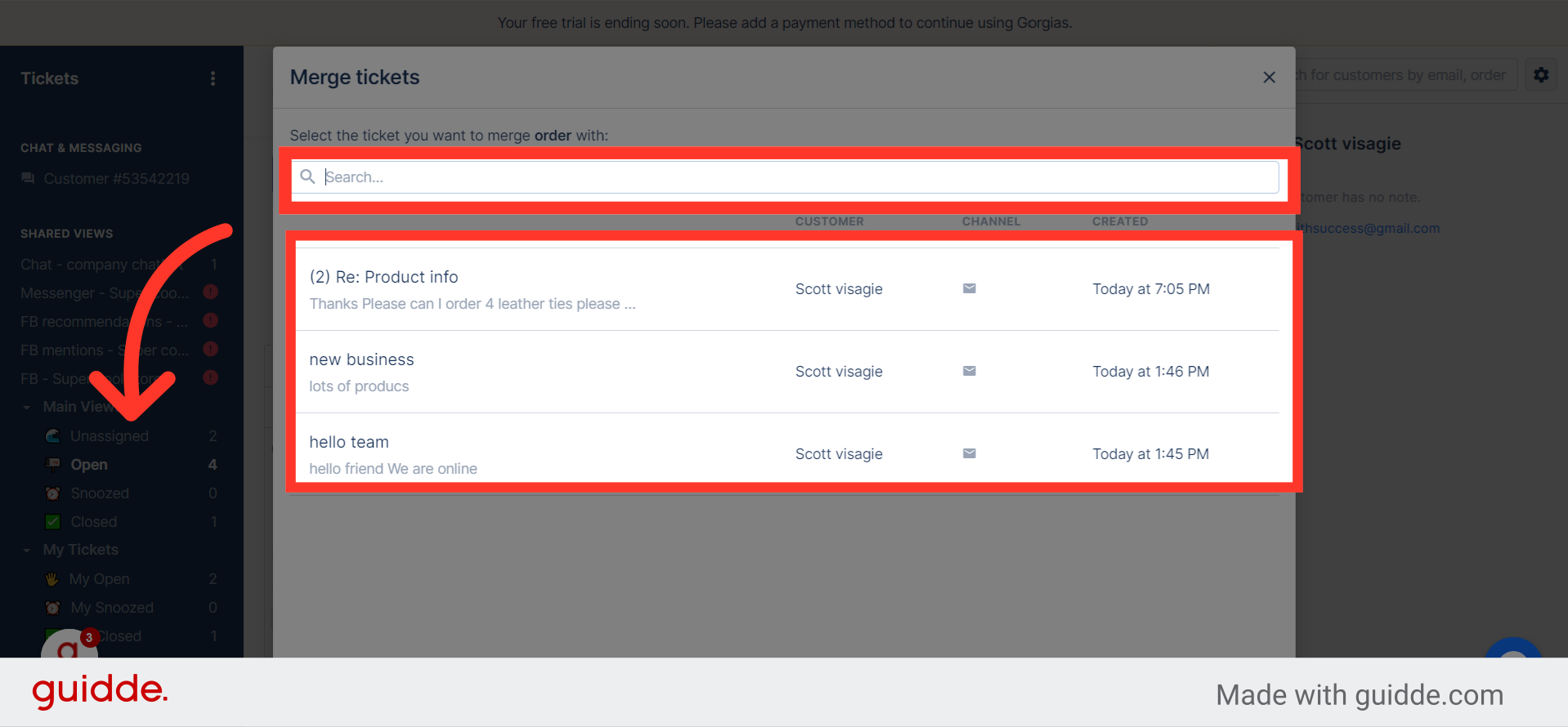 How to merge tickets on Gorgias - Guidde | Gallery