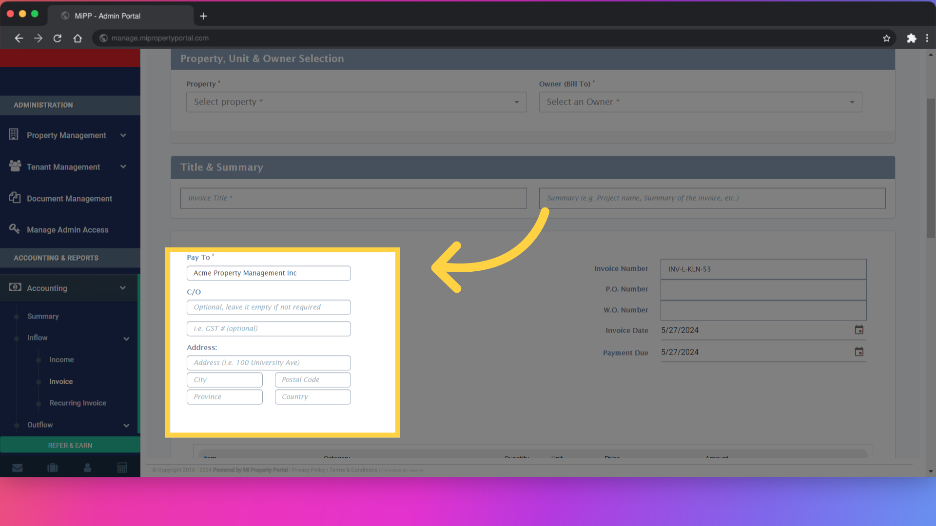 How to create an Owner Invoice? - Mi Property Portal Help Center