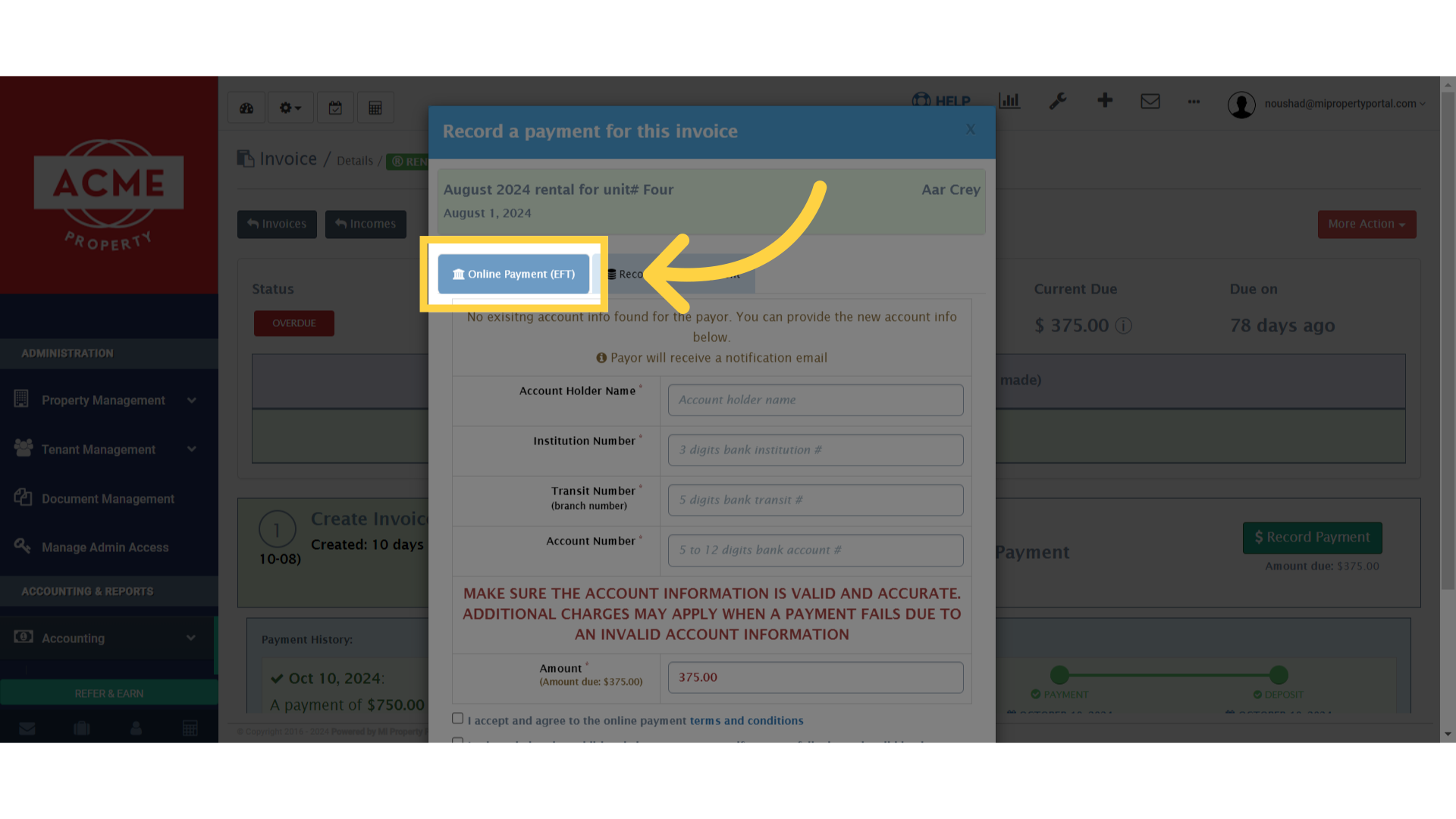 How to Record an EFT payment from the Admin Portal? - Mi Property ...