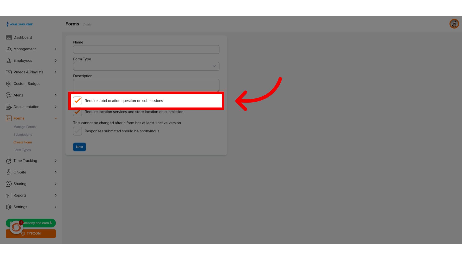 Form Job/Location Setting