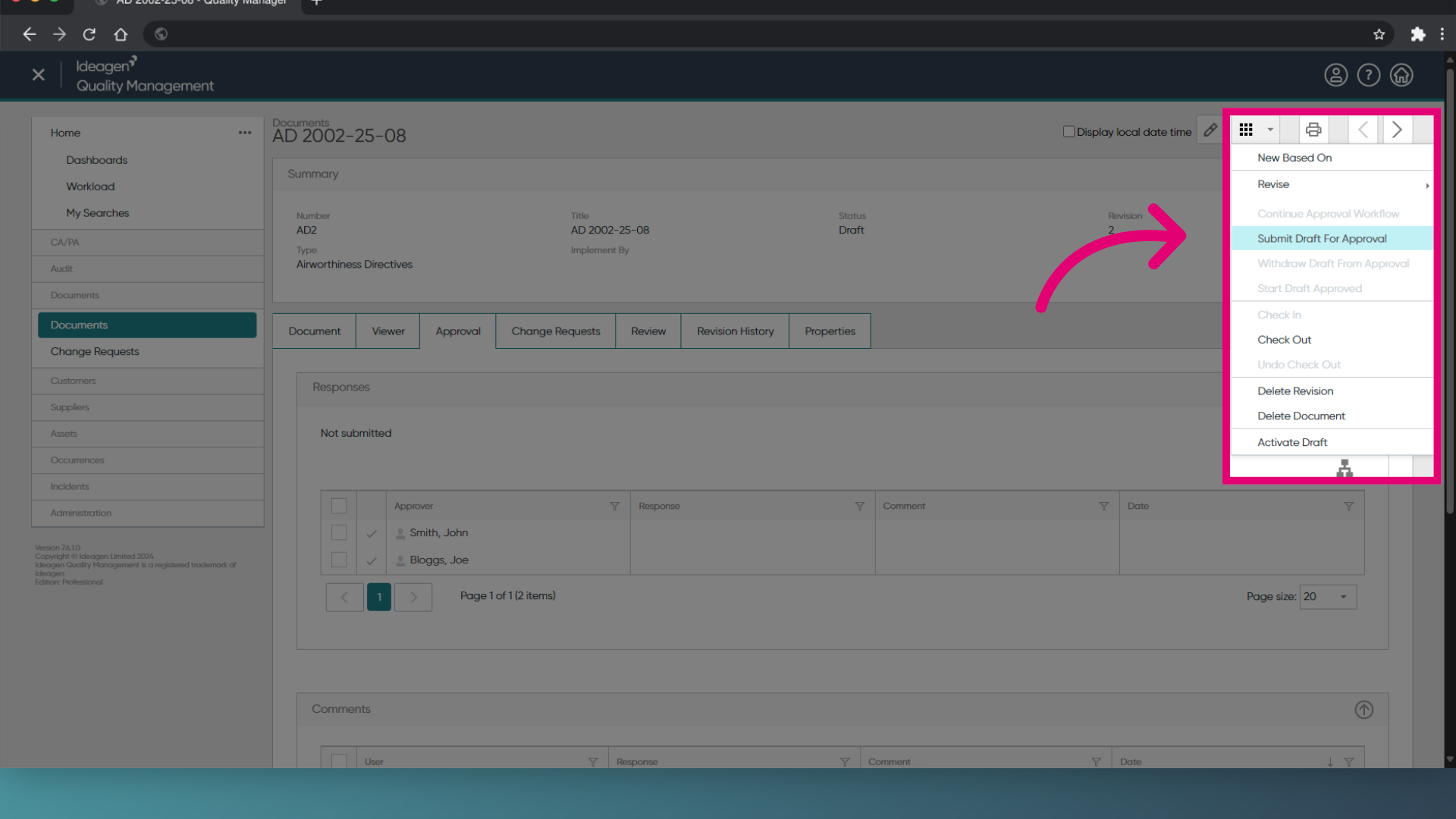 Submitting a Document for approval – Quality Management (Professional)