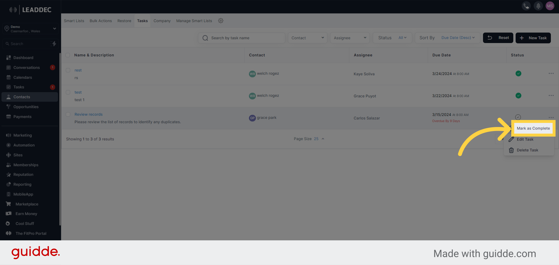 How to Mark Task as Complete | LeadDec