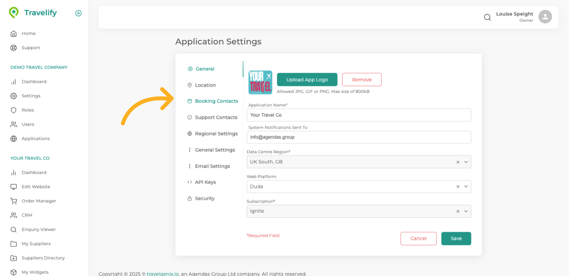 Application Settings - Booking & Support Contacts