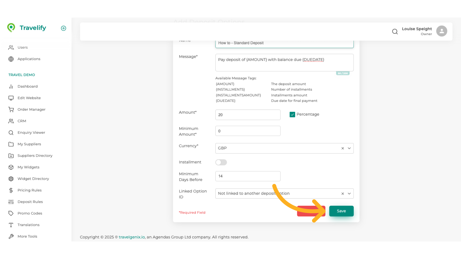 Standard Deposit Rules in Travelify - Step 1 Manage Deposit Options – travelgenix.io