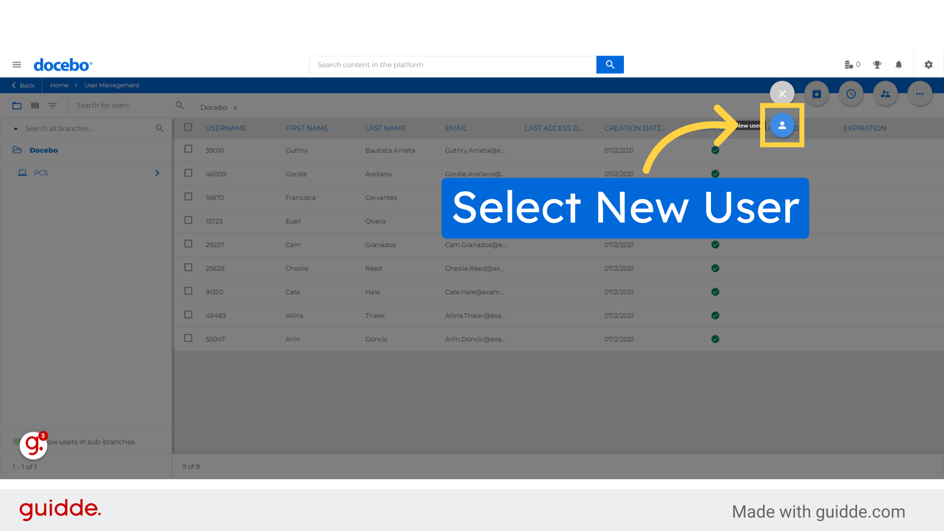 How to create a new user in Docebo - Guidde | Gallery