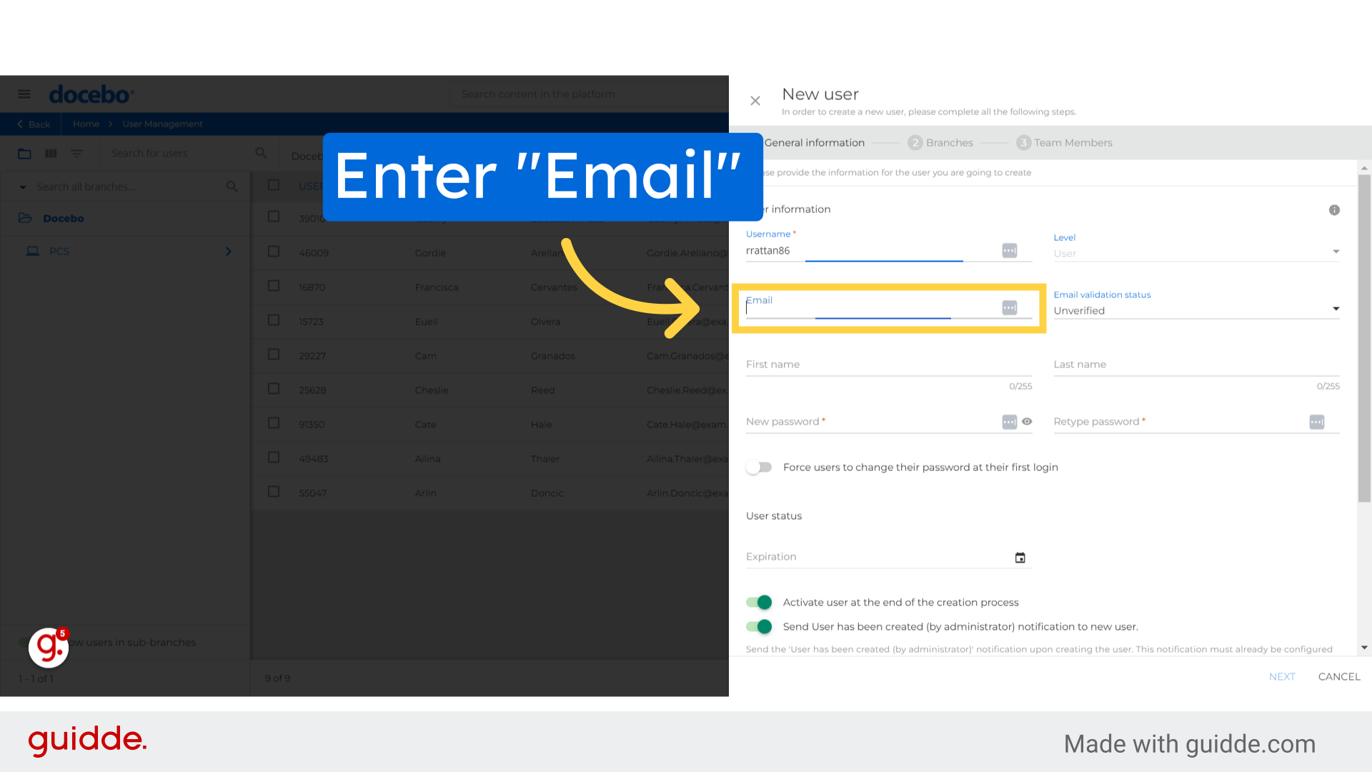 How to create a new user in Docebo - Guidde | Gallery