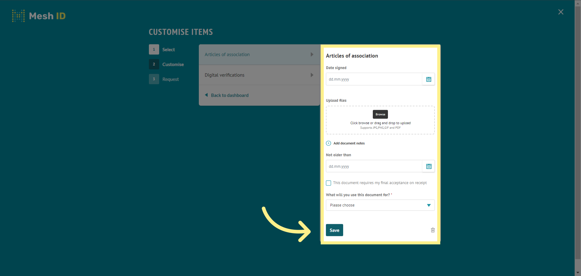 Adding Documents And Verifications Mesh Id
