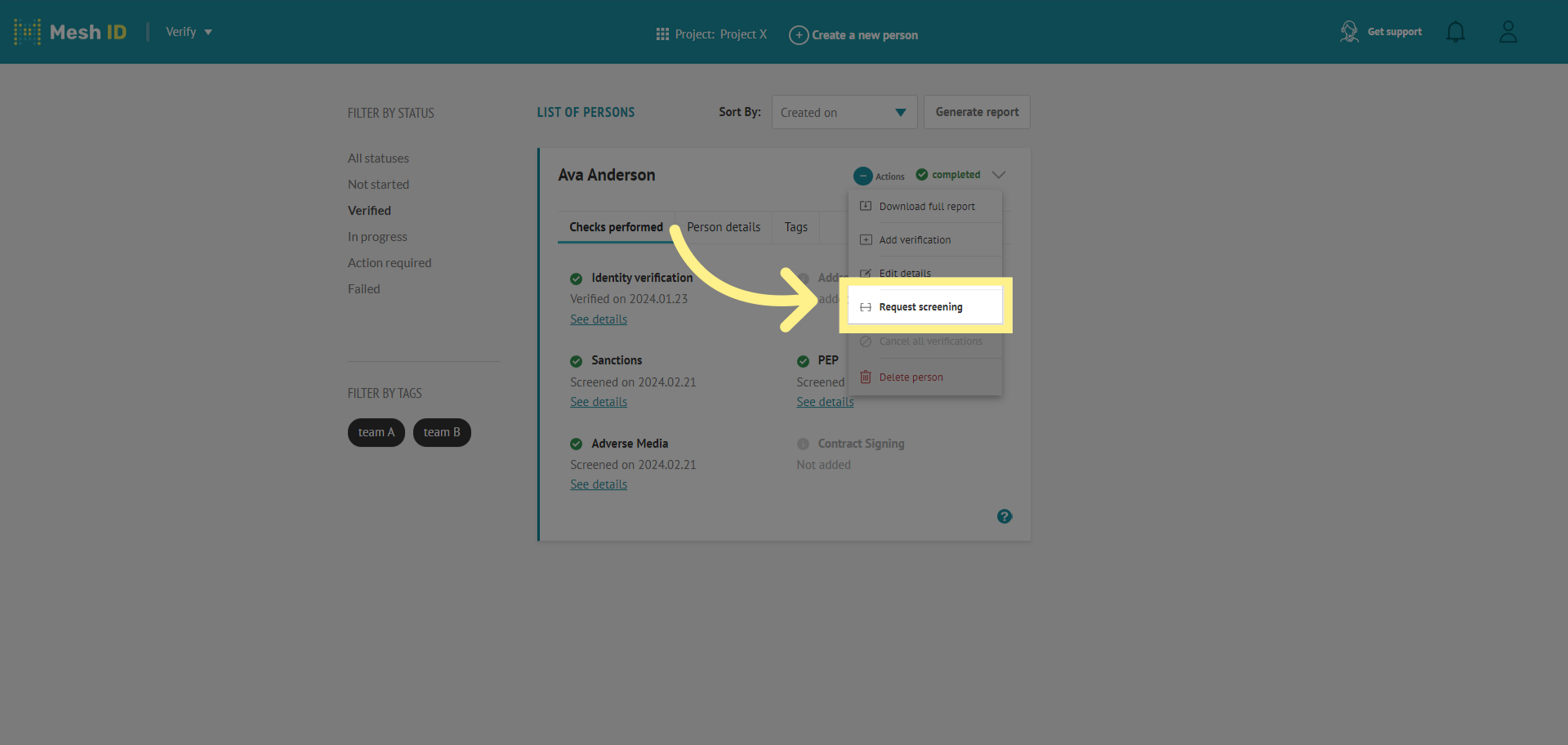 Re-triggering a manual Screening / Compliance check – Mesh ID Support