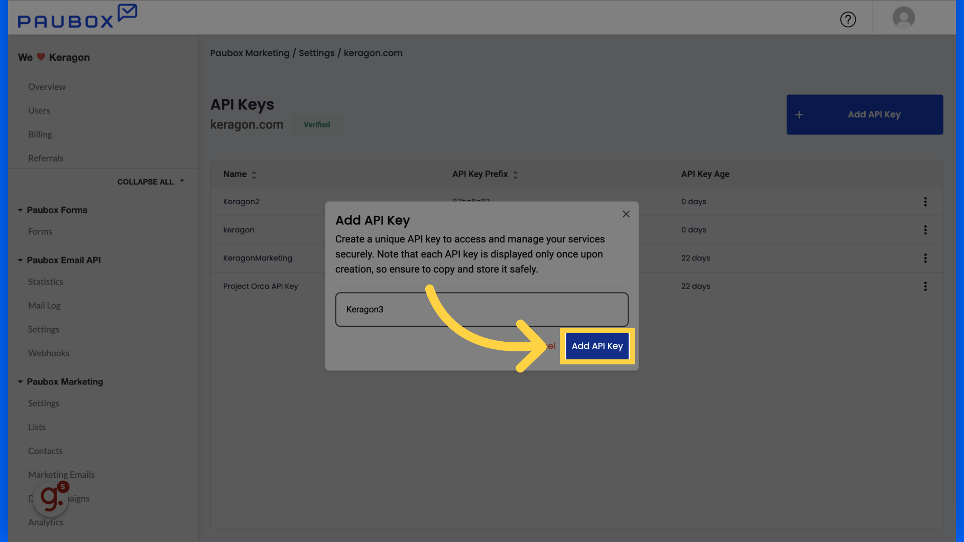 How to find the API key for Paubox Marketing – Keragon