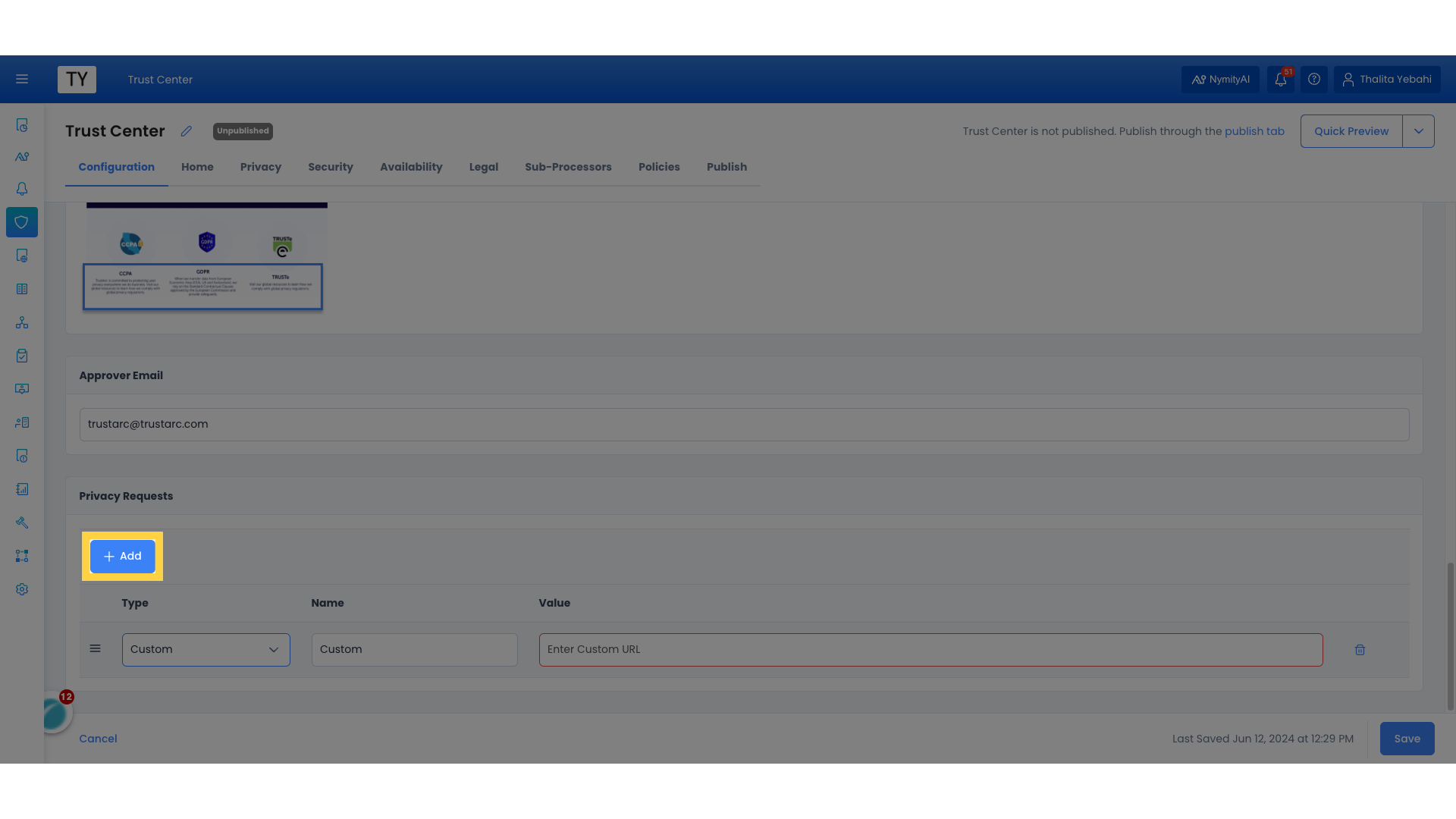 Creating and Editing the Configurations of Trust Center – TrustArc Help Center