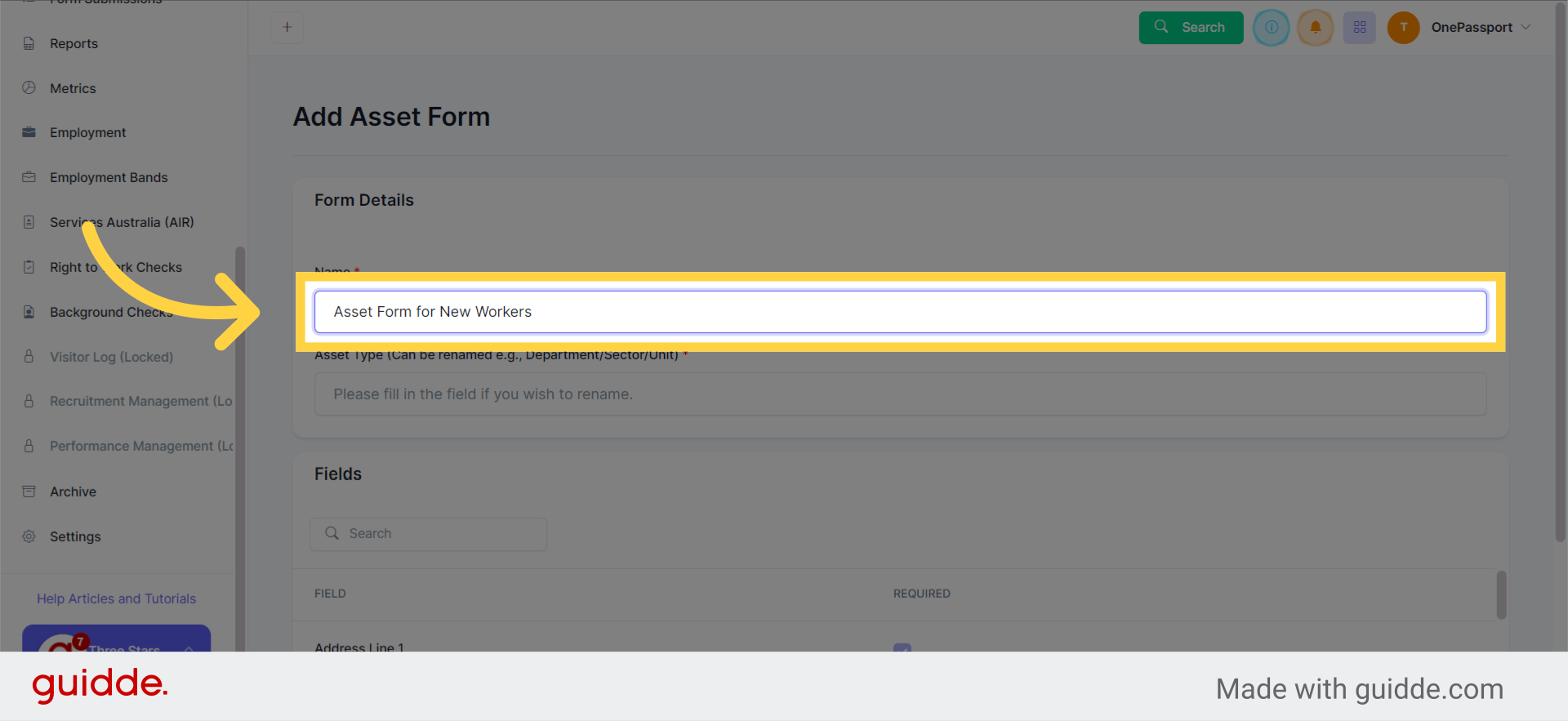 Creating an Asset Form for New Staff – OnePassport