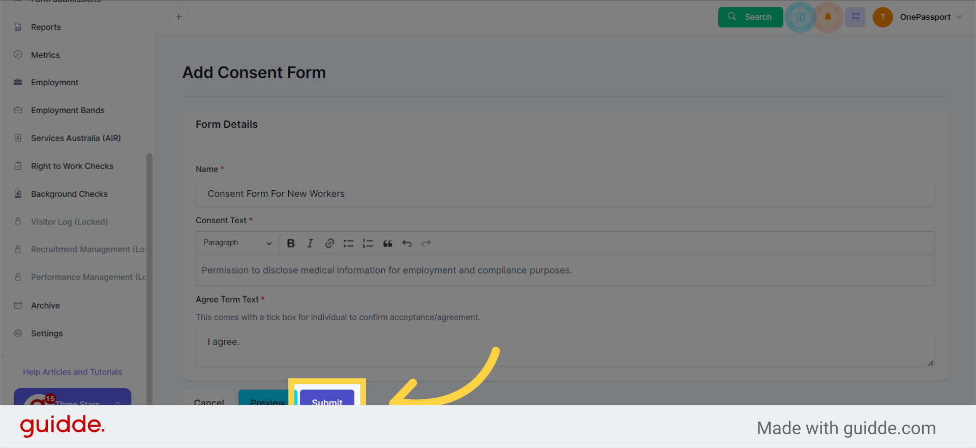 Creating a Consent Form – OnePassport
