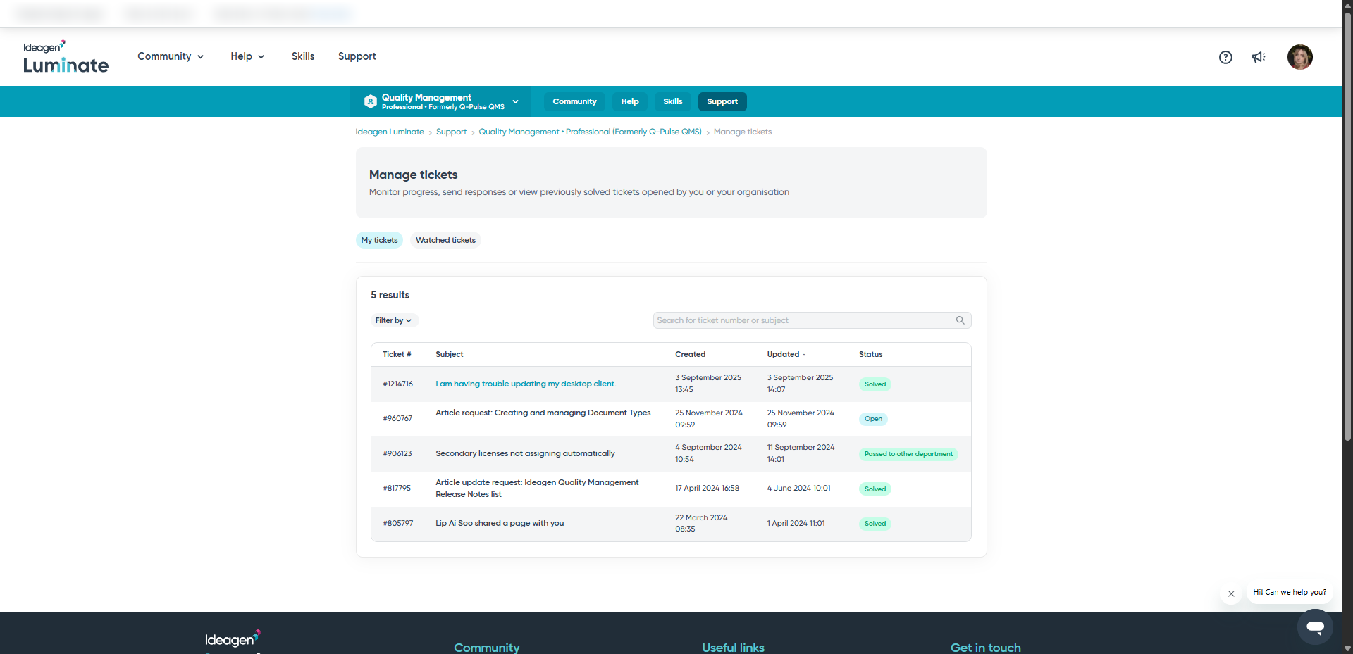 Managing existing support tickets – Help | Ideagen Luminate