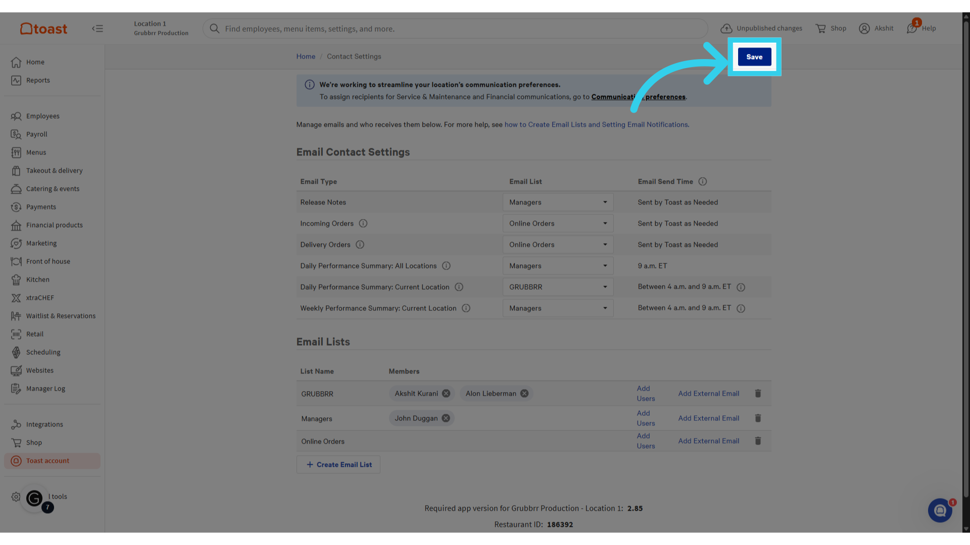 How to send automated Sales Reports from Toast to GRUBBRR