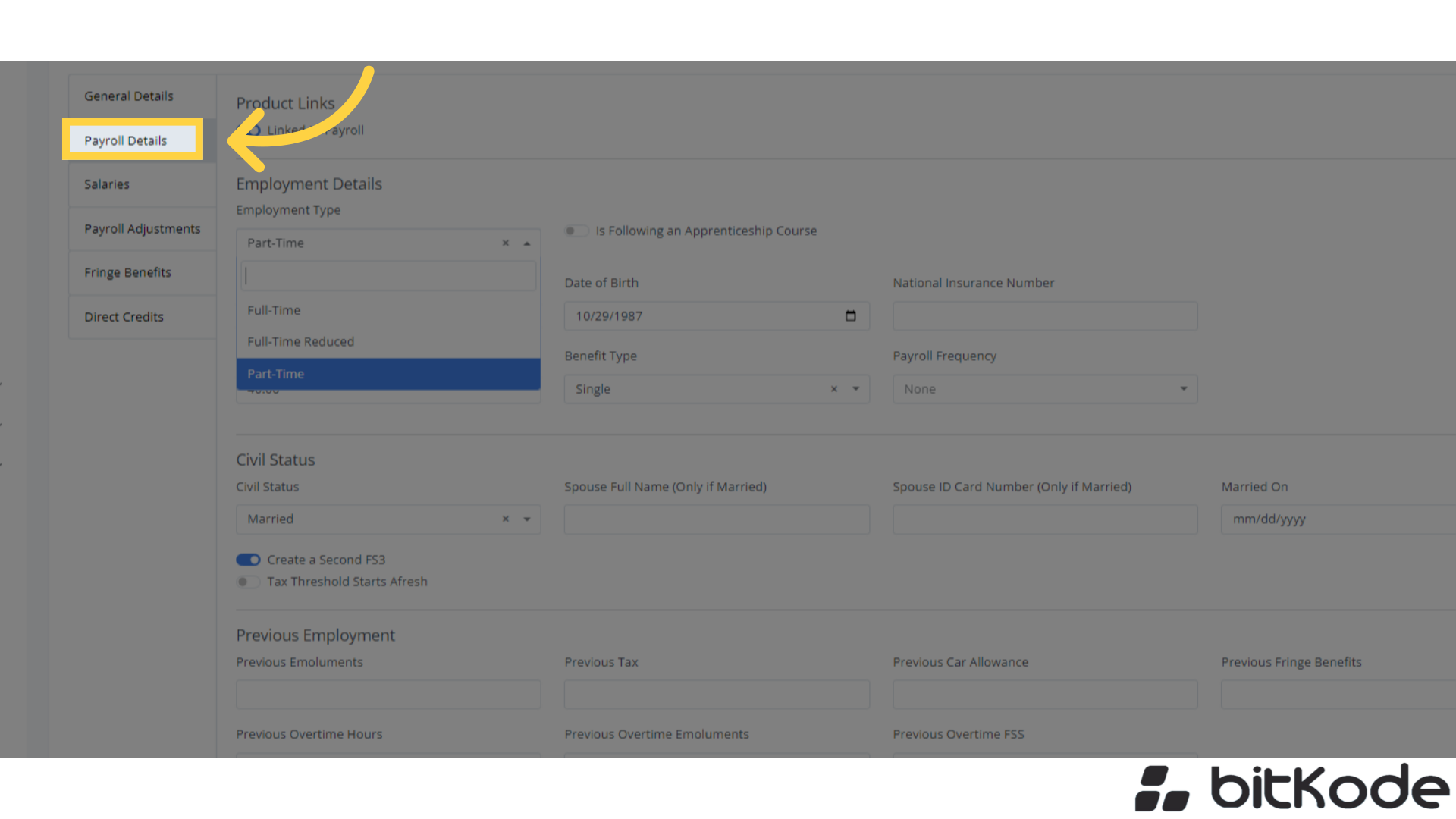 Explanation guide on the Employee Payroll details section field. - bitKode