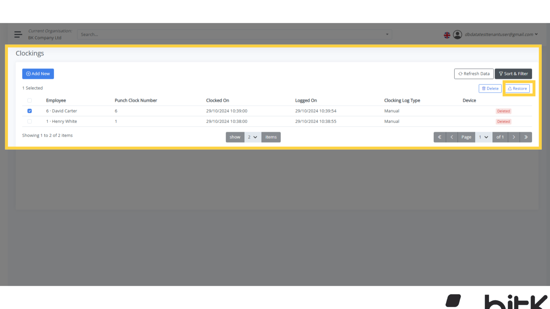 How do I delete/restore employees' clockings? - bitKode