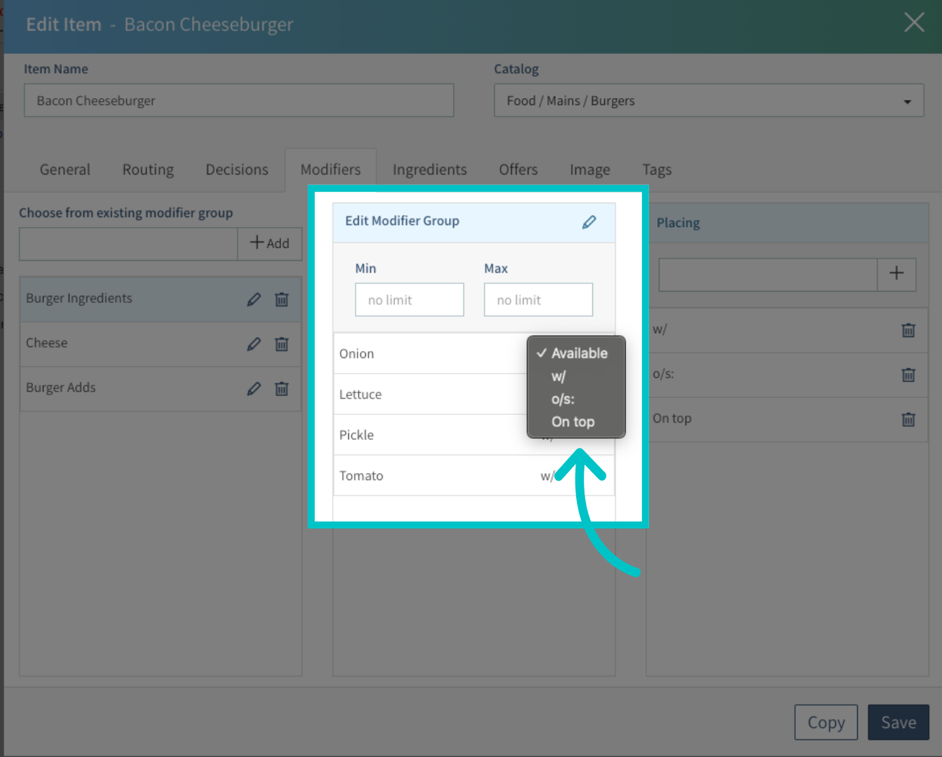 Managing placement on modifier groups – Tabit Help Center
