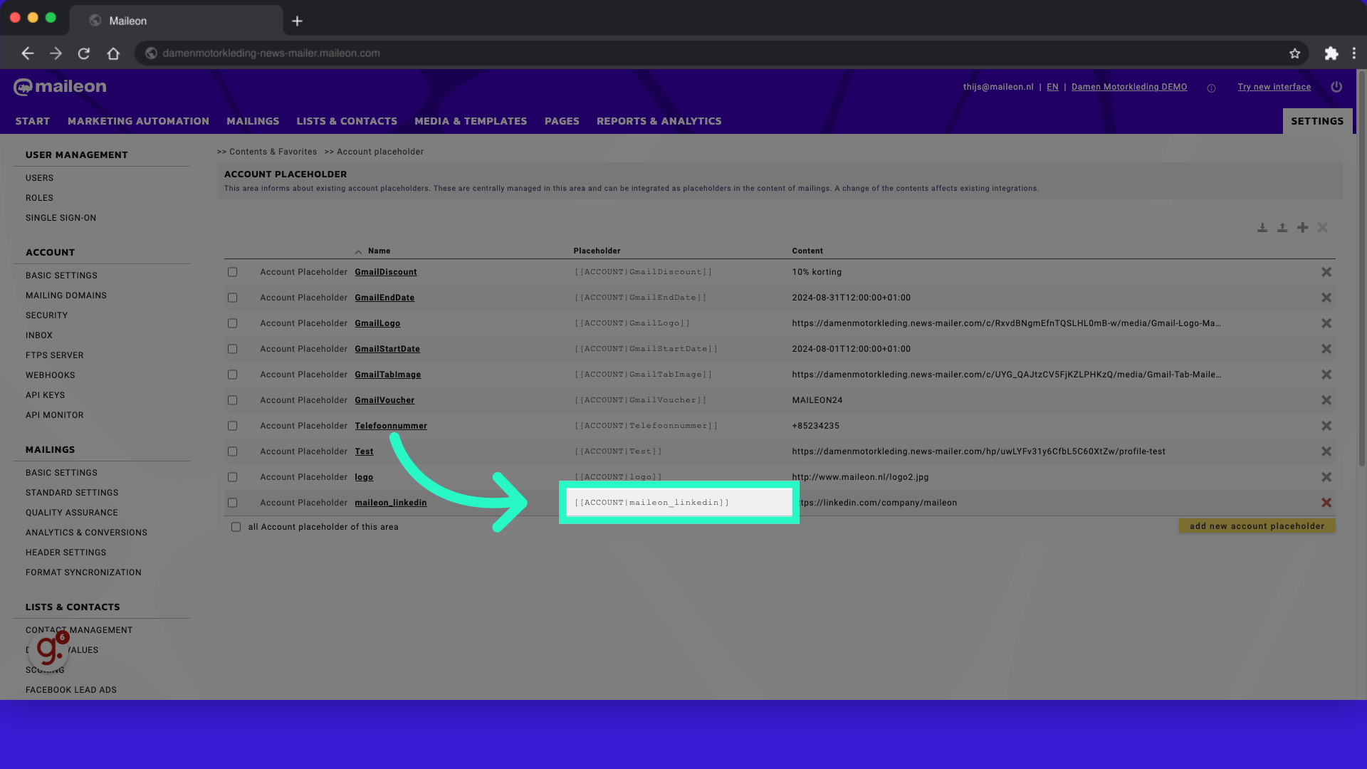 ️ How to use Account placeholders for text or links : Maileon Support