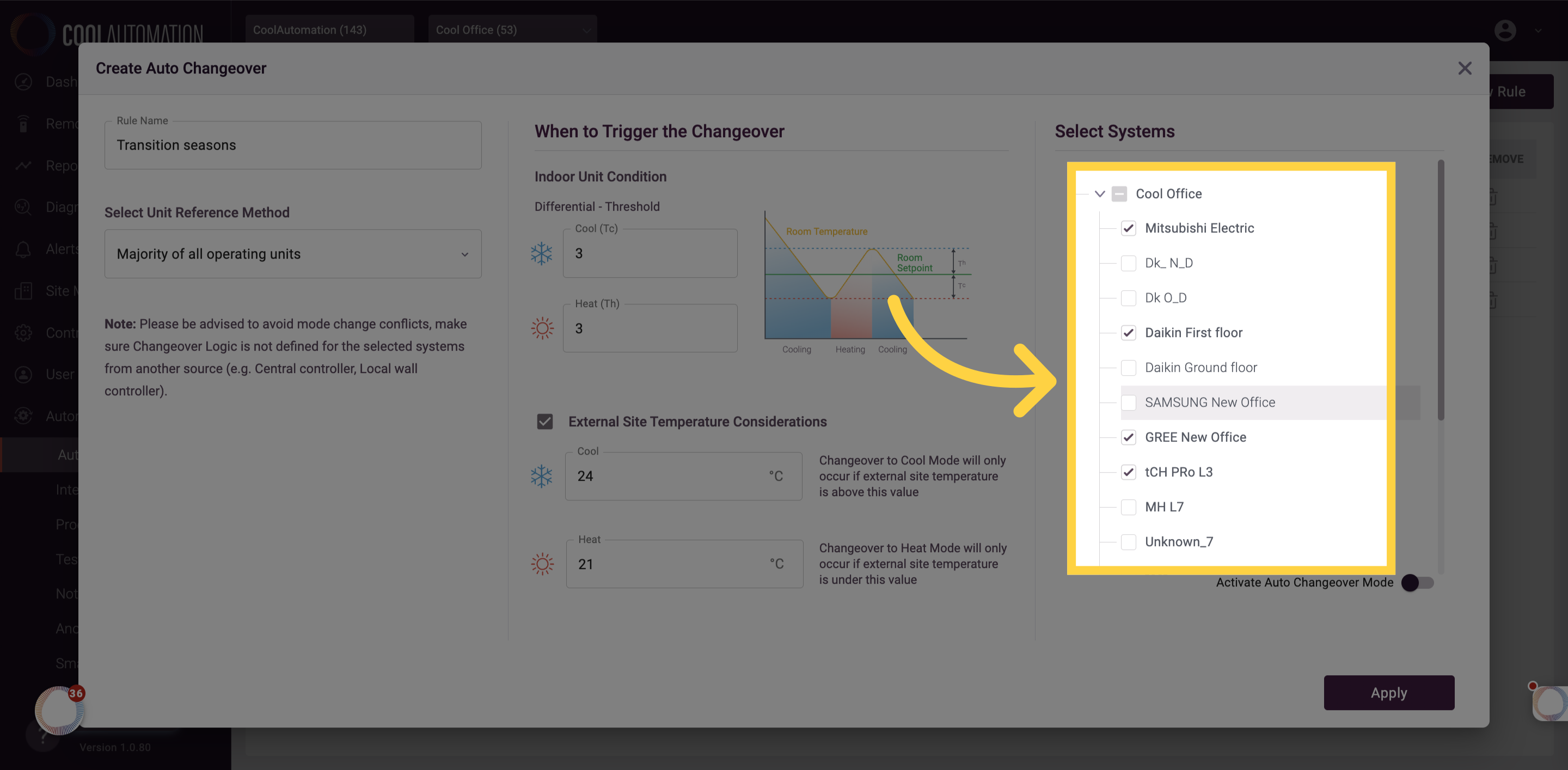Setting up an Auto Changeover rule – CoolAutomation English