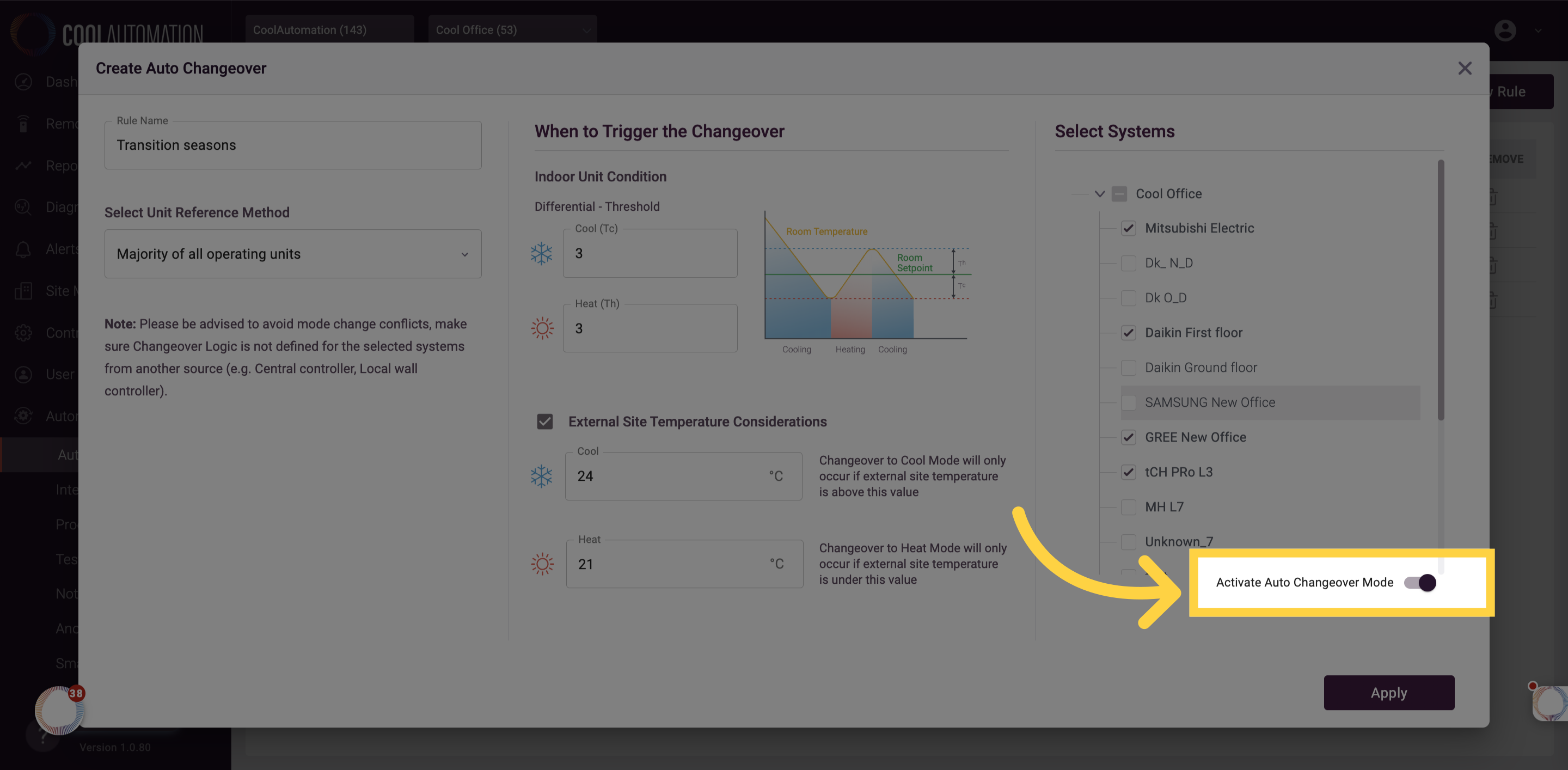 Setting up an Auto Changeover rule – CoolAutomation English
