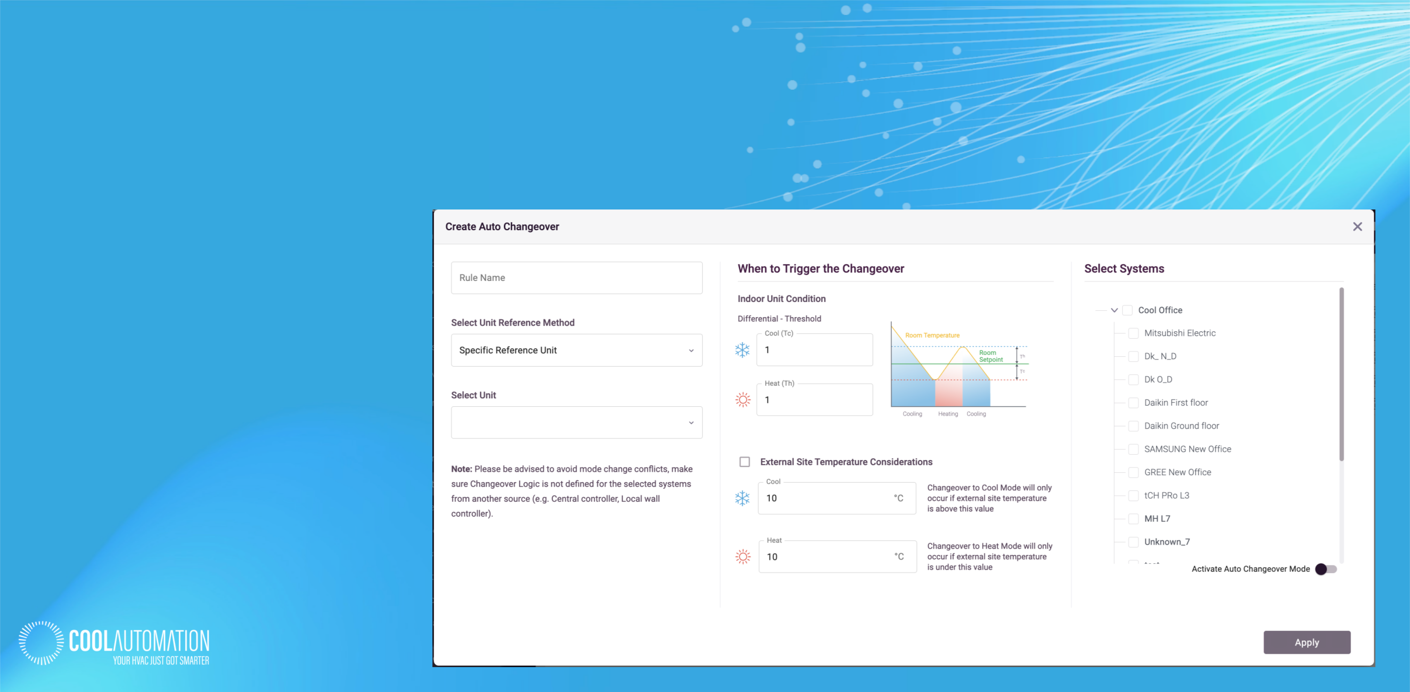Setting up an Auto Changeover rule – CoolAutomation English
