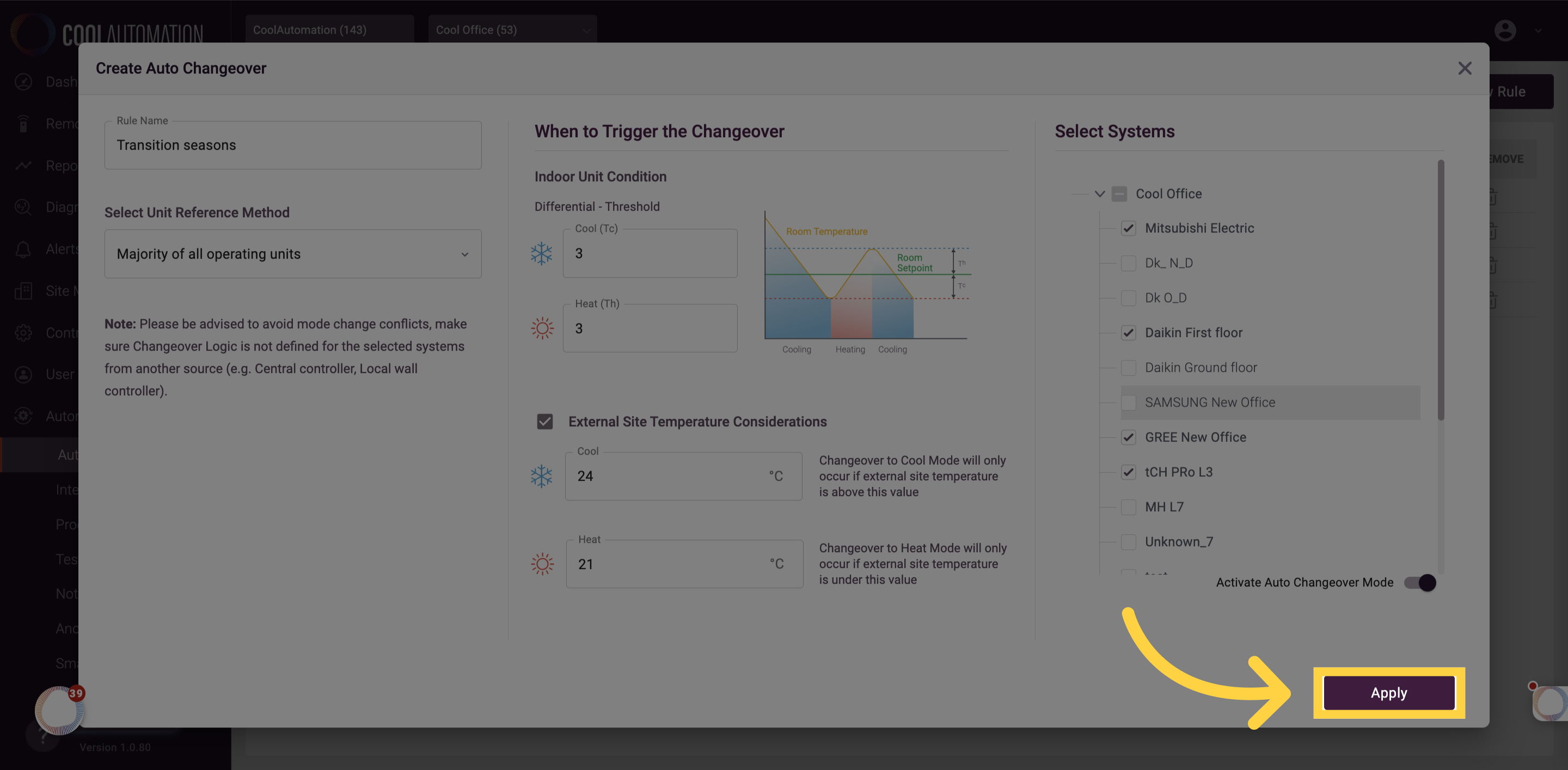 Setting up an Auto Changeover rule – CoolAutomation English