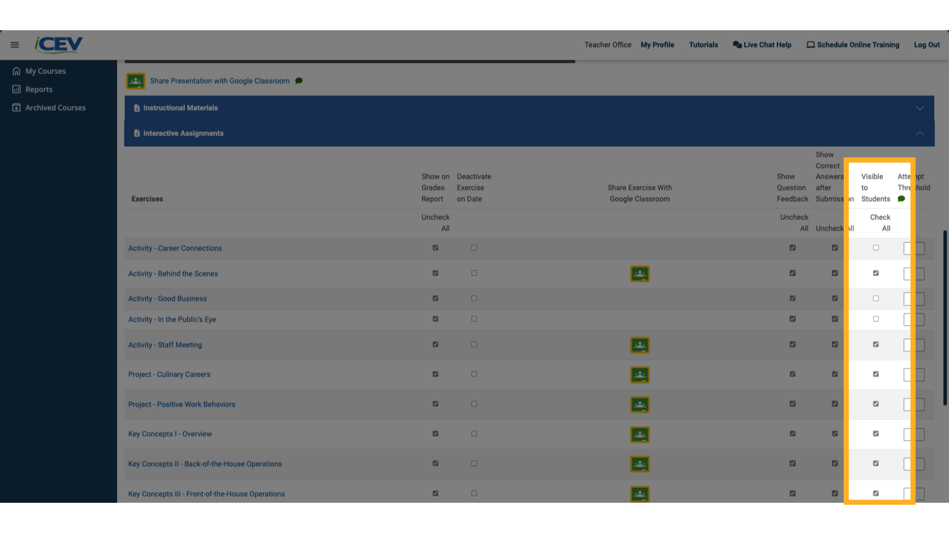 Lesson & Activity Visibility Settings