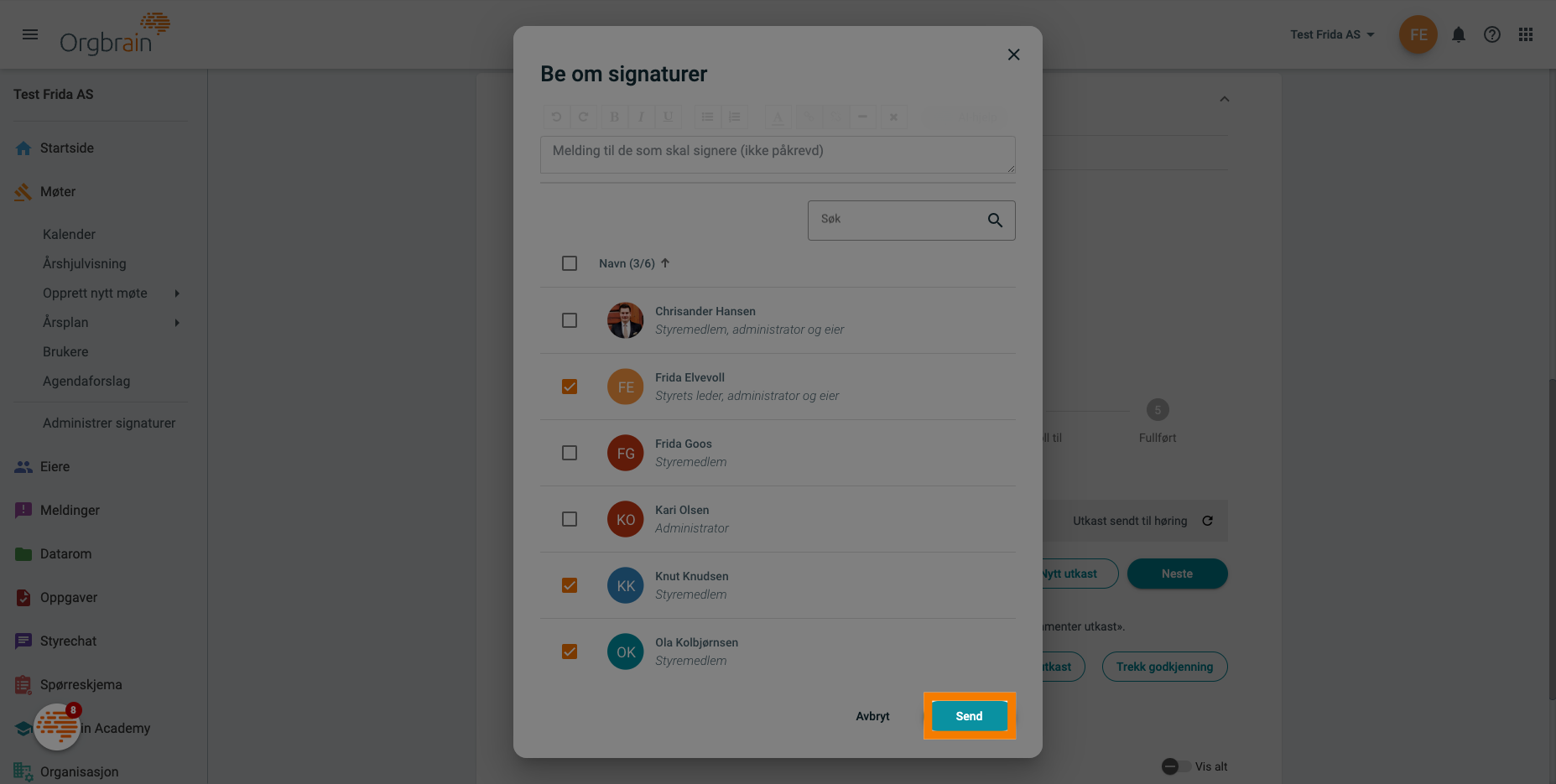 Send protokoll til signering