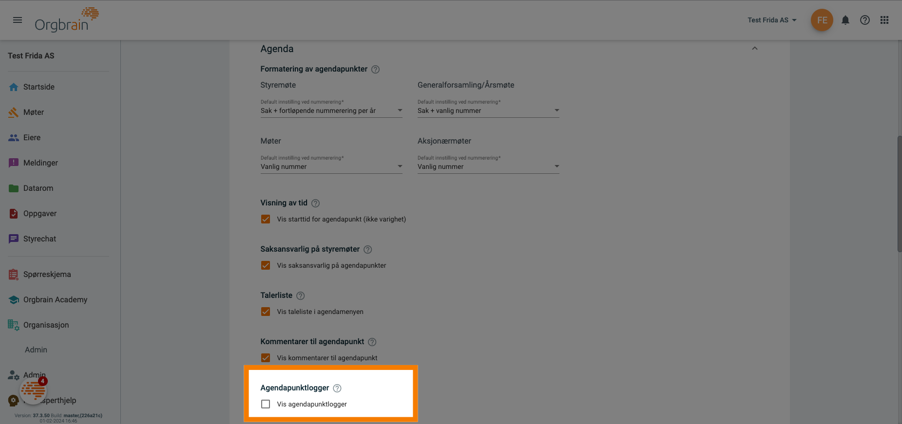 Innstillinger i Orgbrain