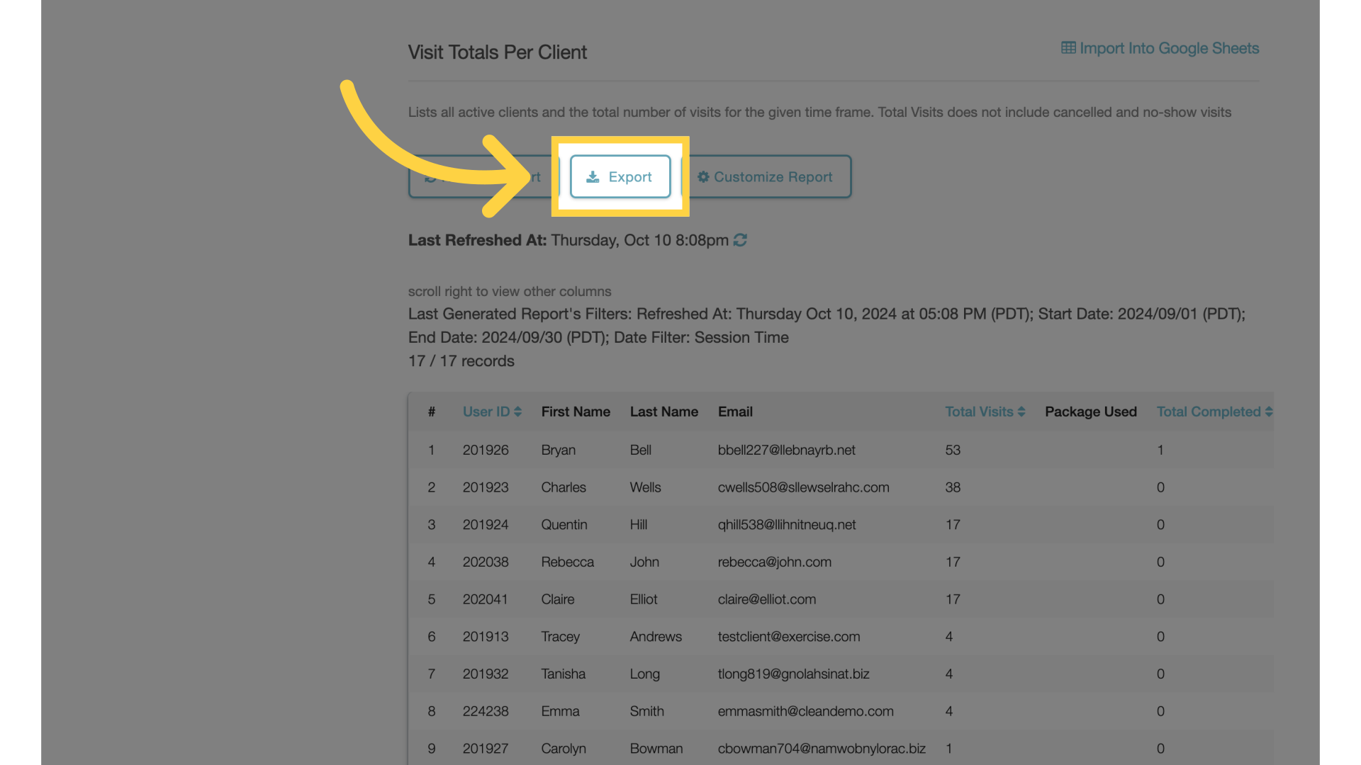 Visit Totals per Client Report | Exercise.com Knowledge Base