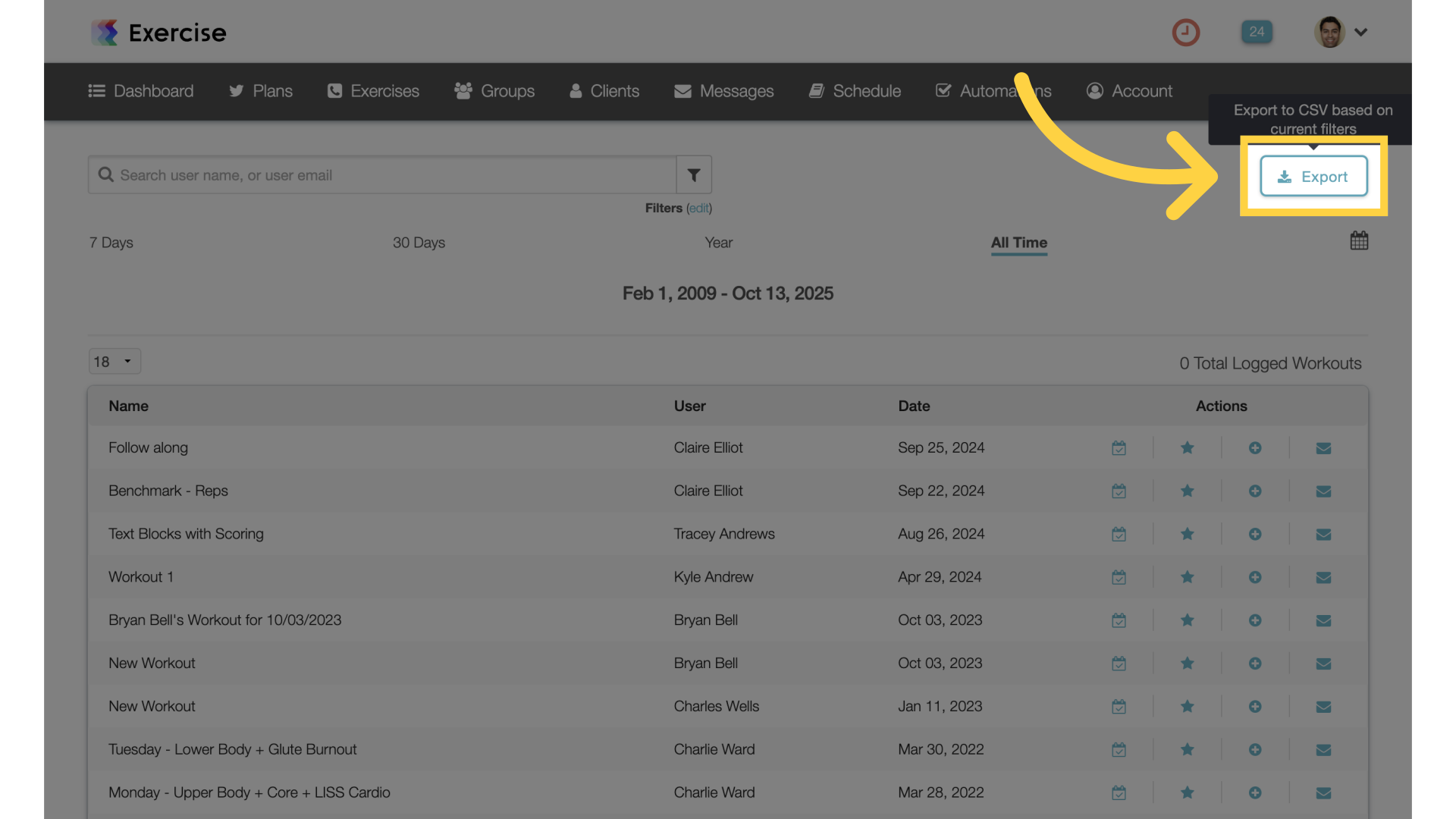 How to Export a Client’s Logged Workouts | Exercise.com Knowledge Base