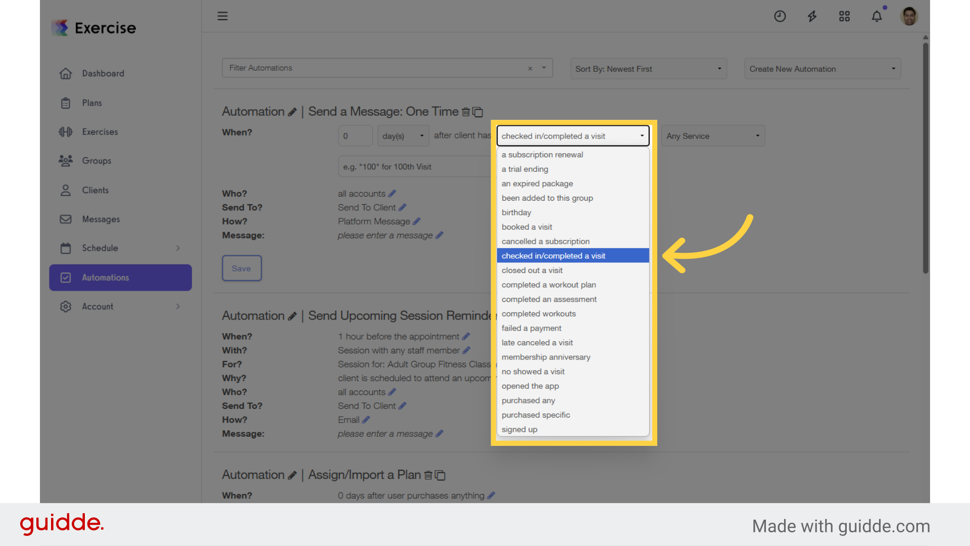 Send Message Automation – Completed Visits | Exercise.com Knowledge Base