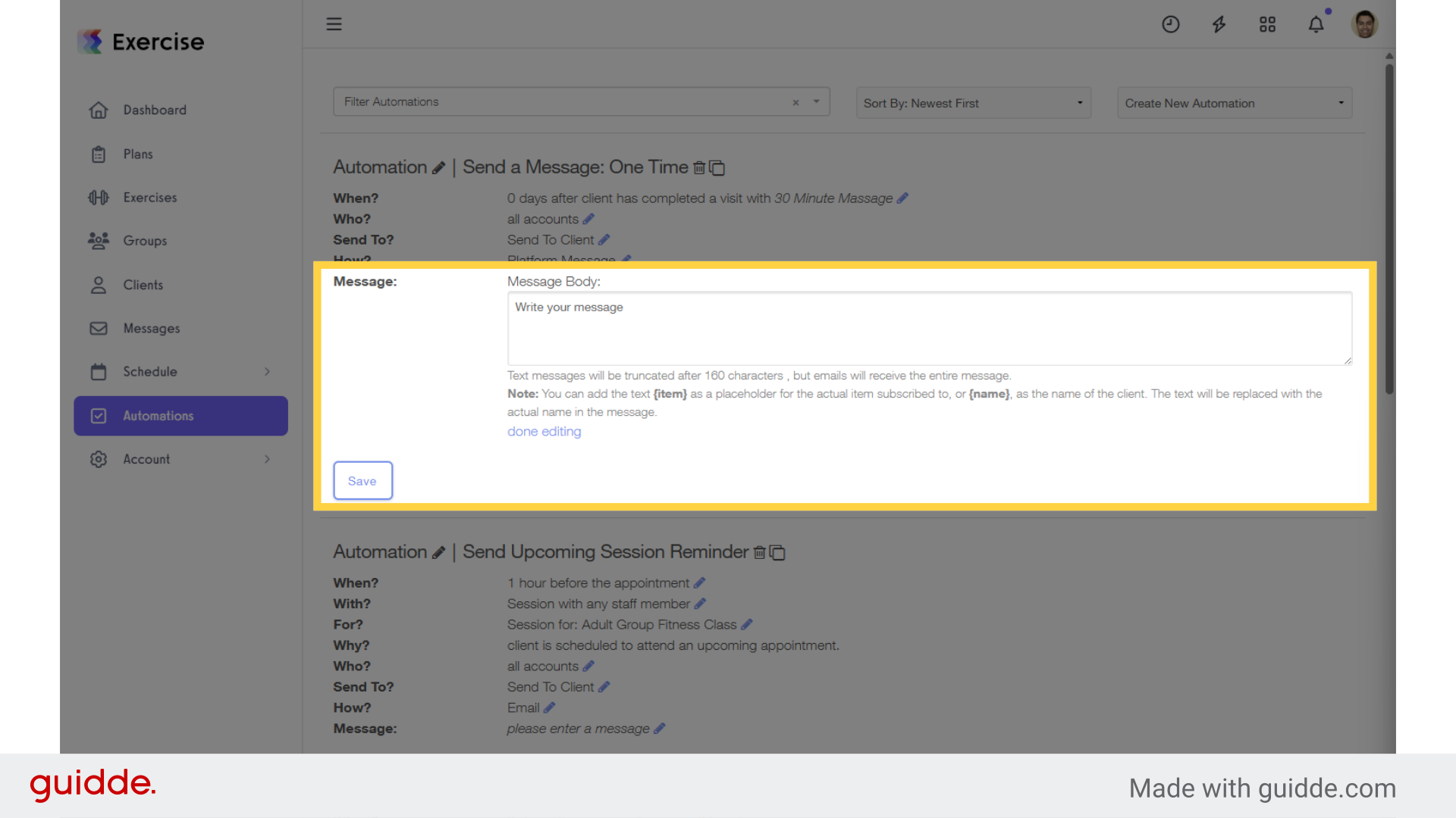 Send Message Automation – Completed Visits | Exercise.com Knowledge Base