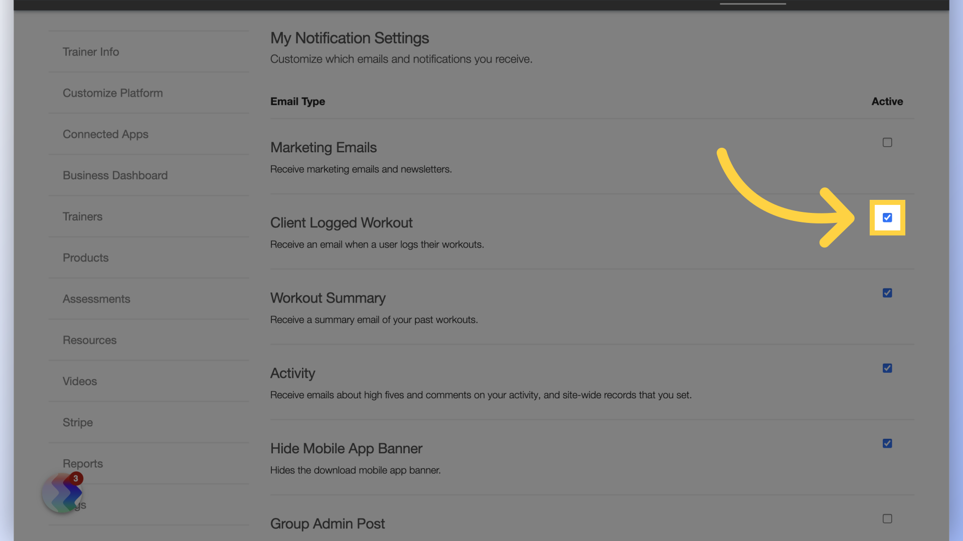 How do I enable notifications for when my client logs a workout? | Exercise.com Knowledge Base