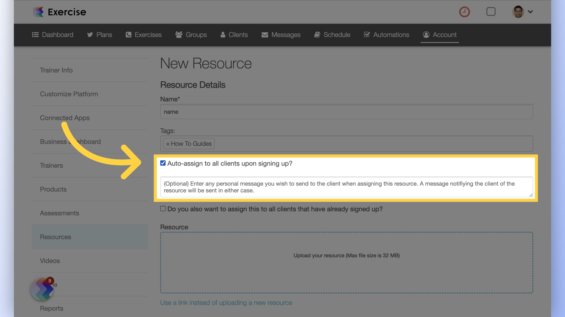 How do I upload a resource to share with clients? | Exercise.com Knowledge Base