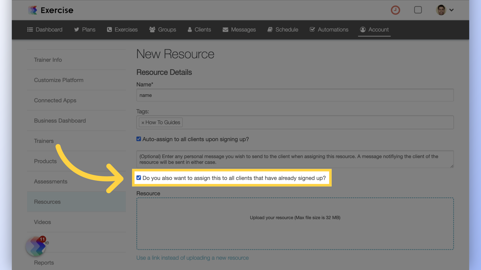 How do I upload a resource to share with clients? | Exercise.com Knowledge Base