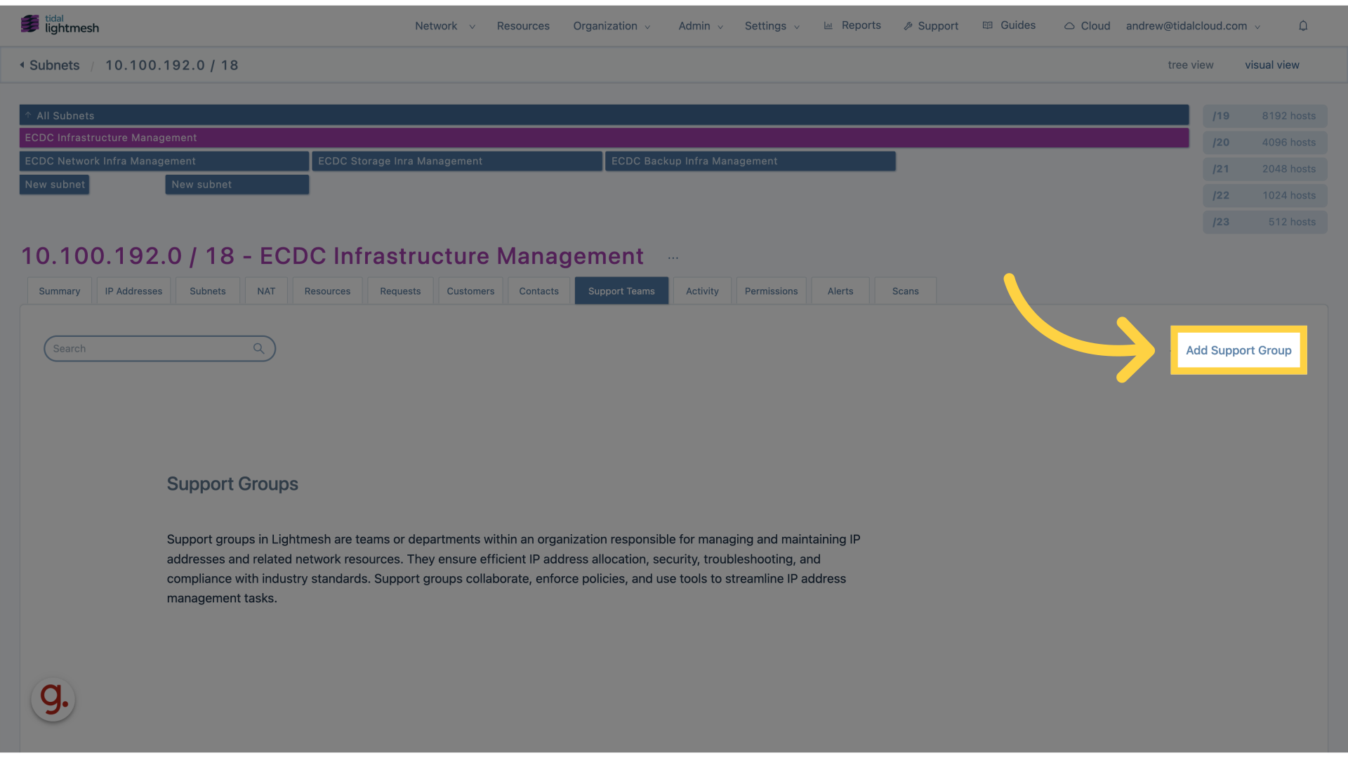 Support Group in Subnets | Tidal LightMesh User Guides