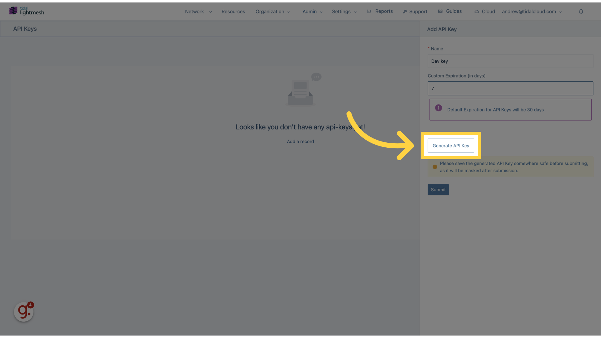 New API Key | Tidal LightMesh User Guides New API Key | Tidal LightMesh User Guides