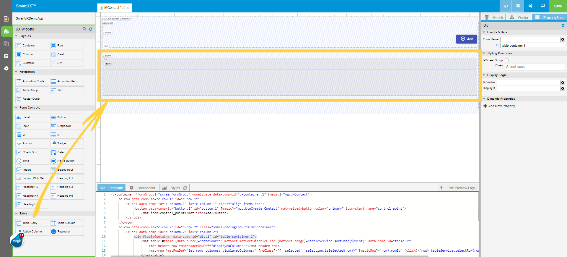 Lesson 10: Add Member Contact Component and Generate Table using Action Handler – SmartUX