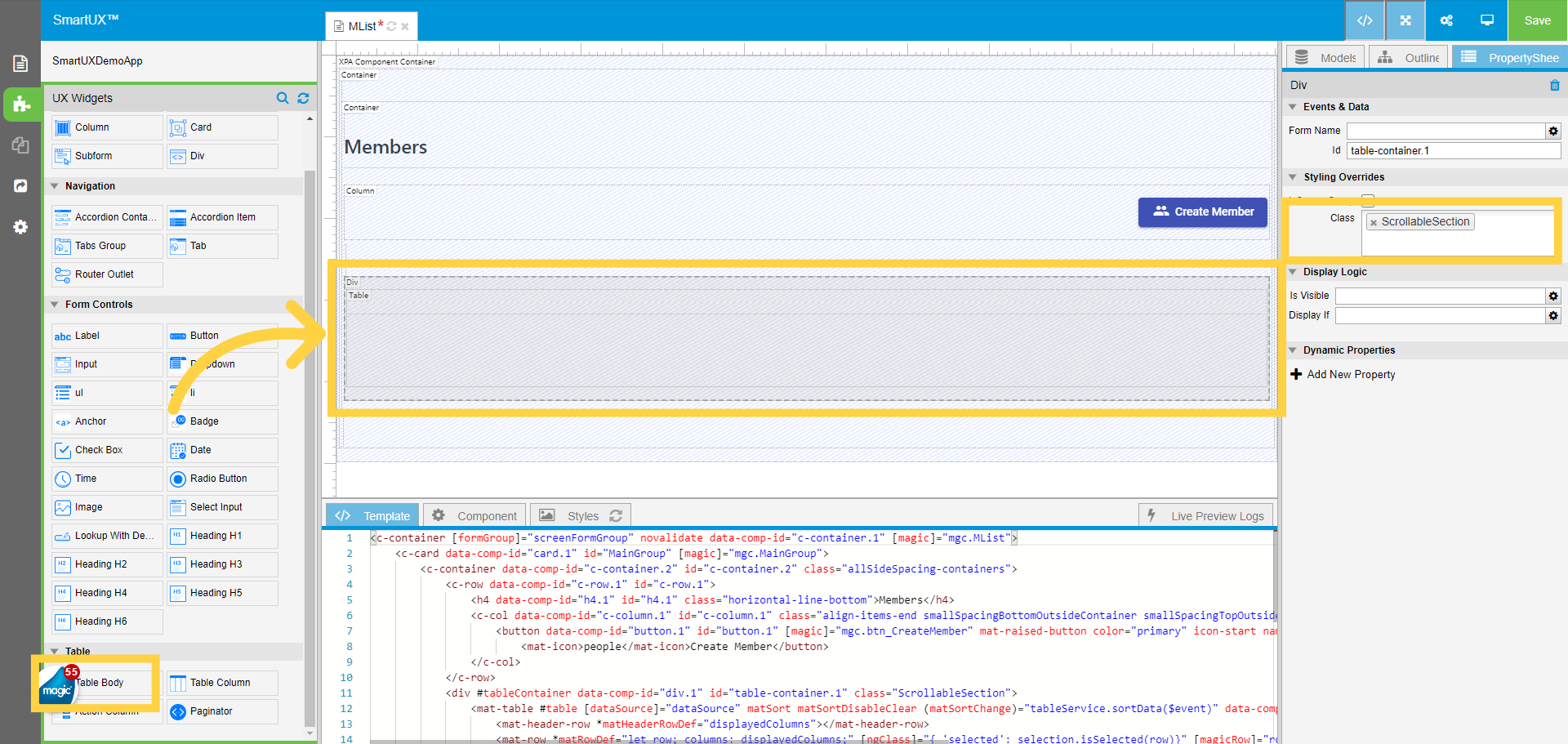 Lesson 5: Adding Table to the Component and Component to Sidebar of Application Template – SmartUX