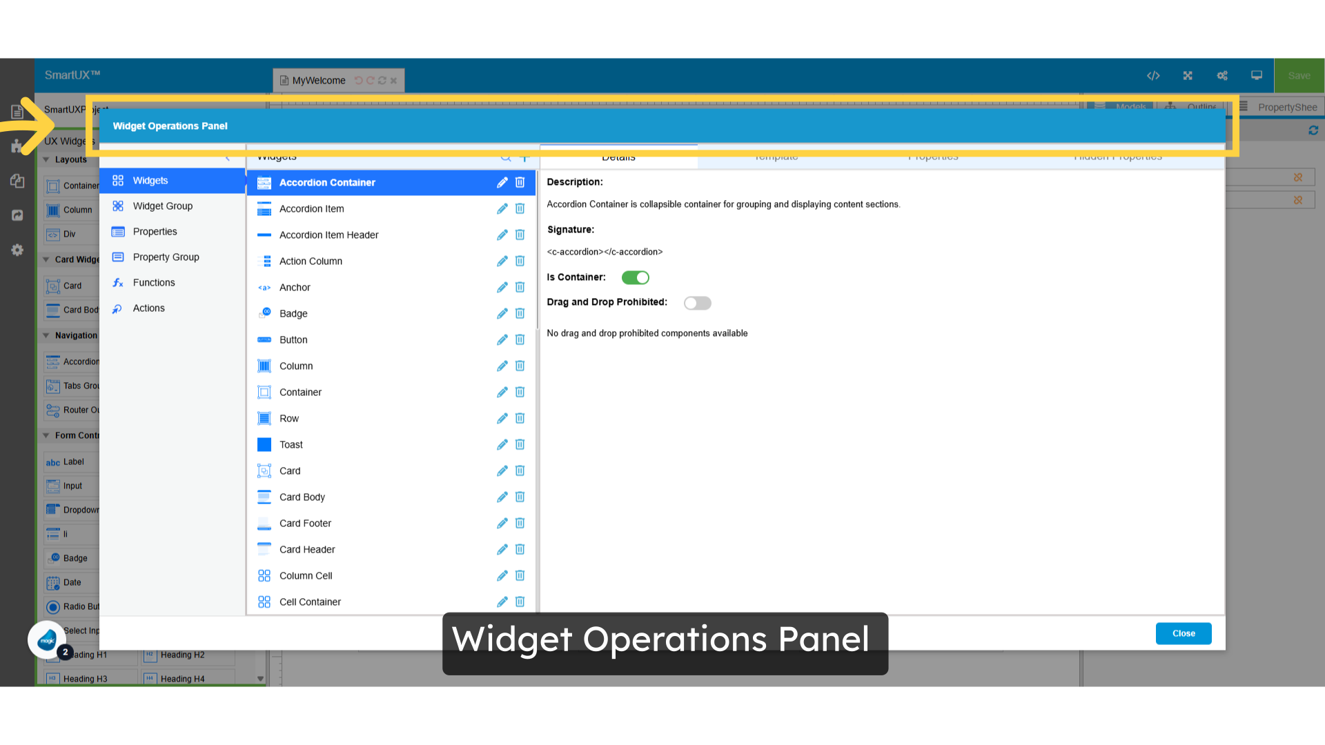 Widgets Management and Operations Panel – SmartUX