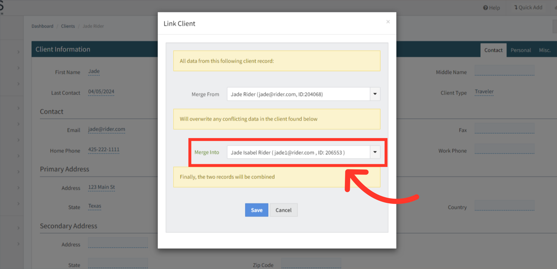 Merge Duplicate Client Records in Oasis Travel CRM